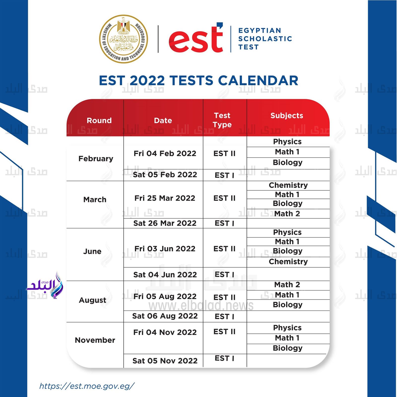 جدول مواعيد امتحانات EST لـ طلاب الدبلومة الأمريكية 2022